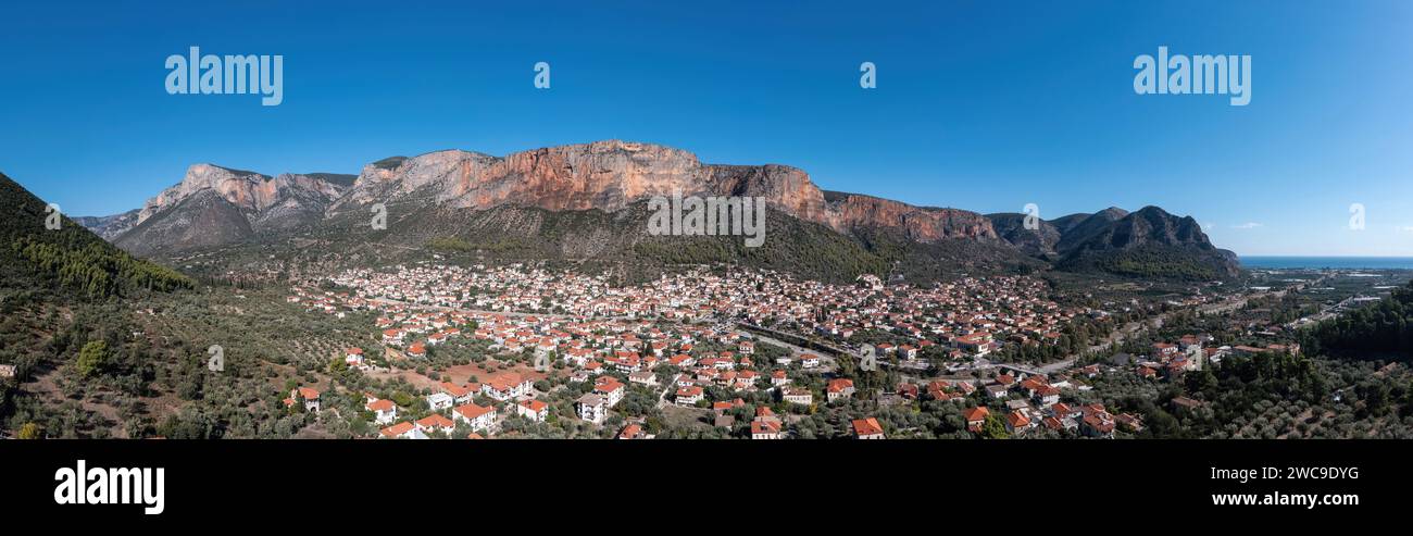 Greece, Leonidio, Arcadia, Peloponnese. Aerial drone panoramic view of ...