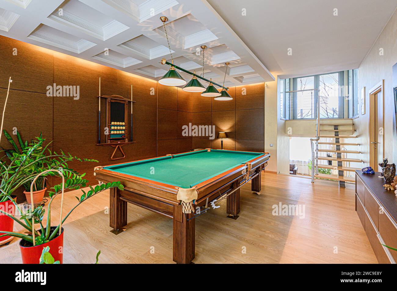 interior apartment room large wooden pool table billiard club Stock ...
