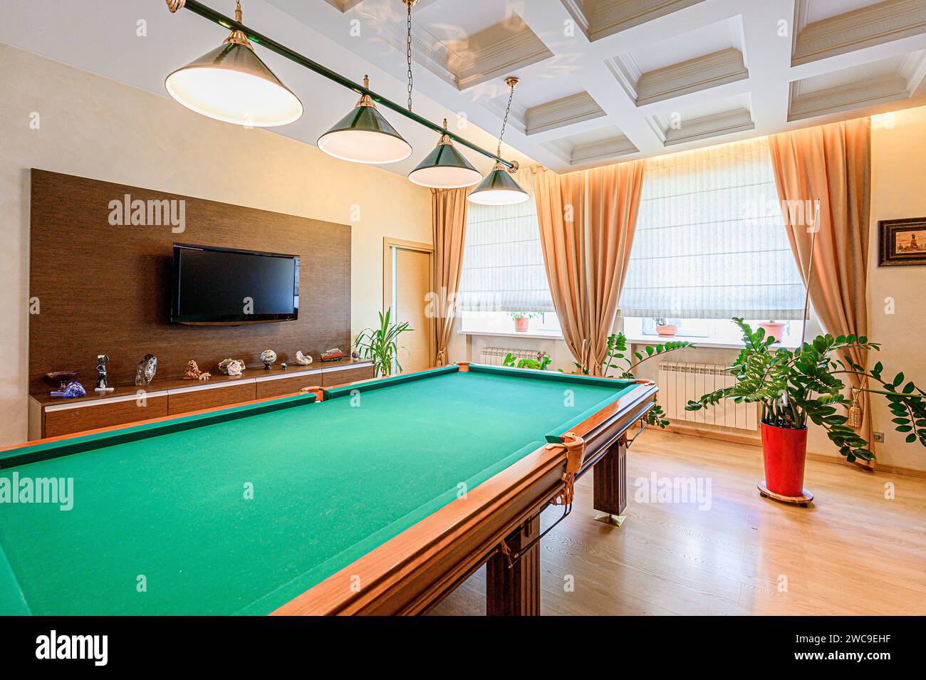 interior apartment room large wooden pool table billiard club Stock ...