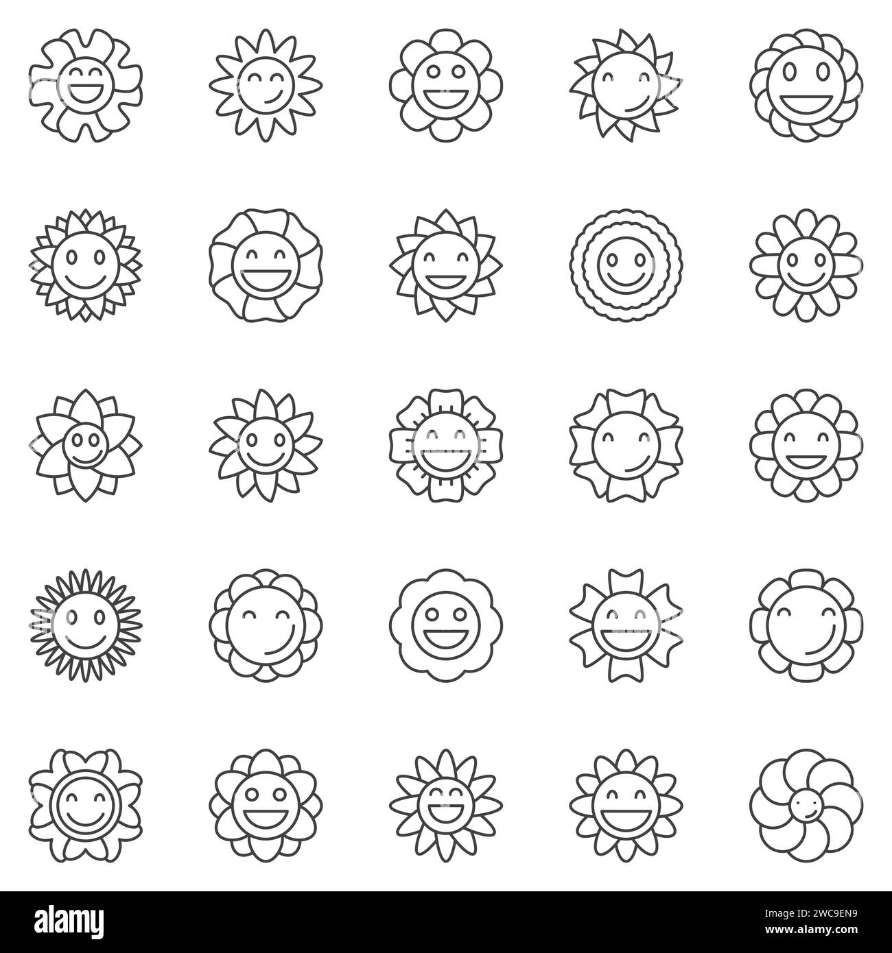 Groovy Flowers outline icons set - Retro Funny Flower with Smiling Face ...