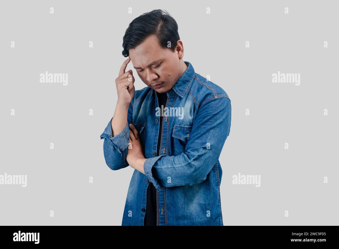 Young Asian Man thinking about questions with pensive face expression ...