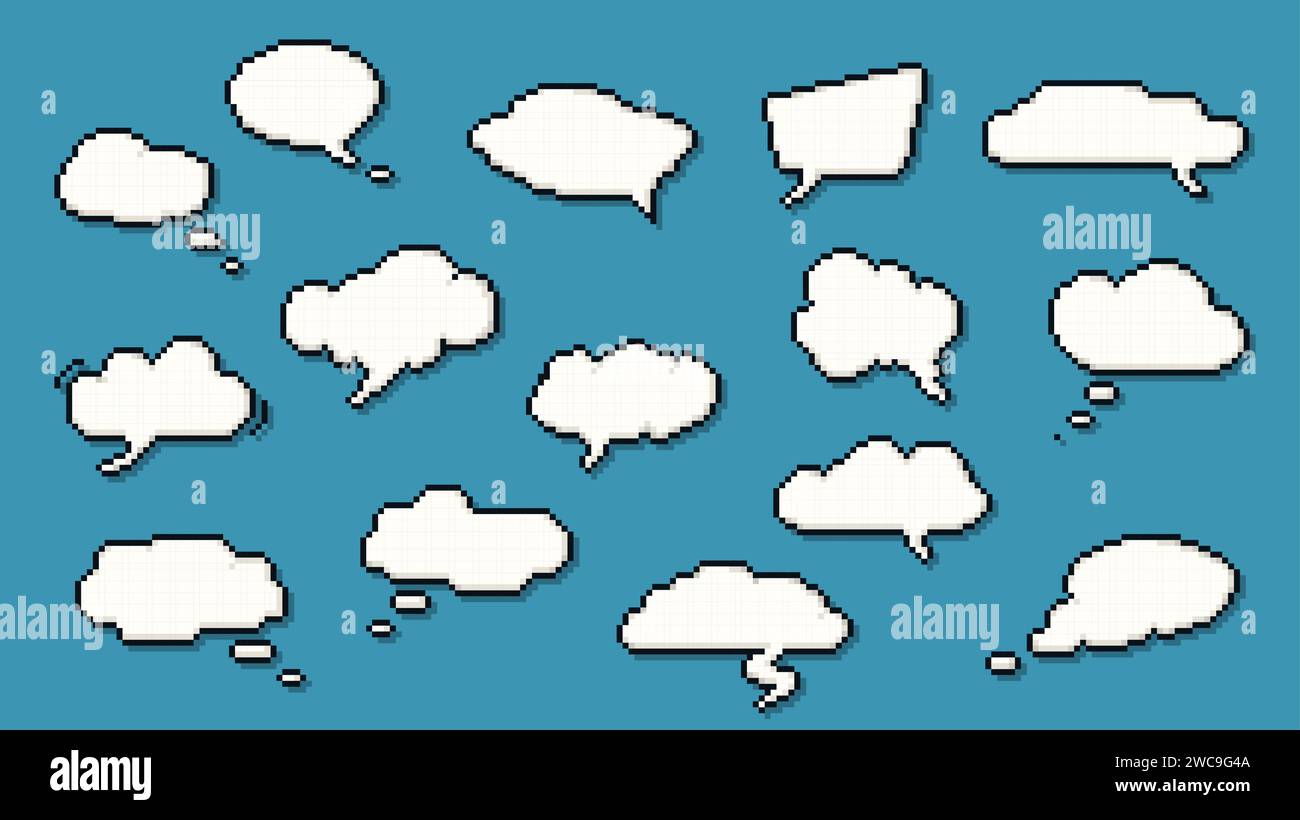 8 bit pixel art dialogue box and speech bubbles, vector cartoon icons ...