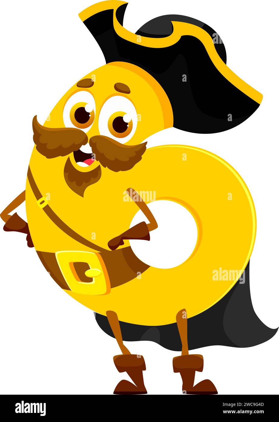 Cartoon funny number 6 pirate or corsair character in captain tricorn ...