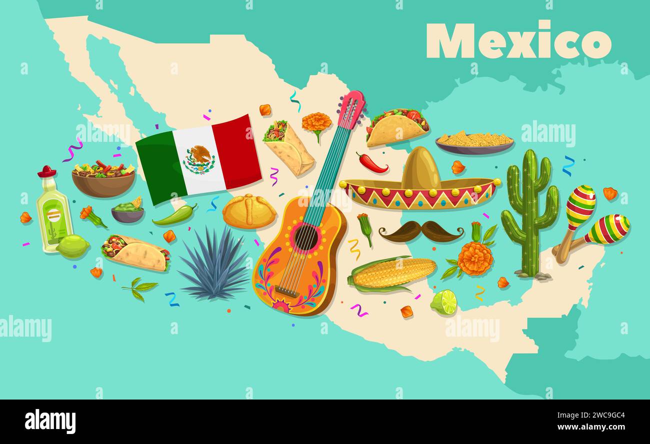 Mexico map with national flag, cuisine food, musical instruments and ...