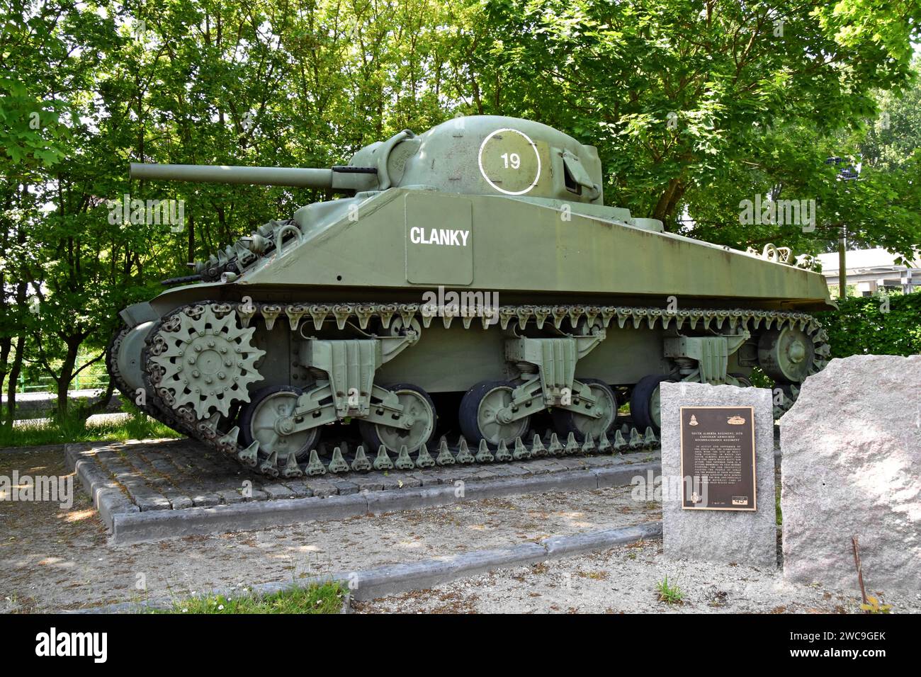 Clanky, a Canadian M4A4 Sherman tank, plinthed as a memorial to fallen ...