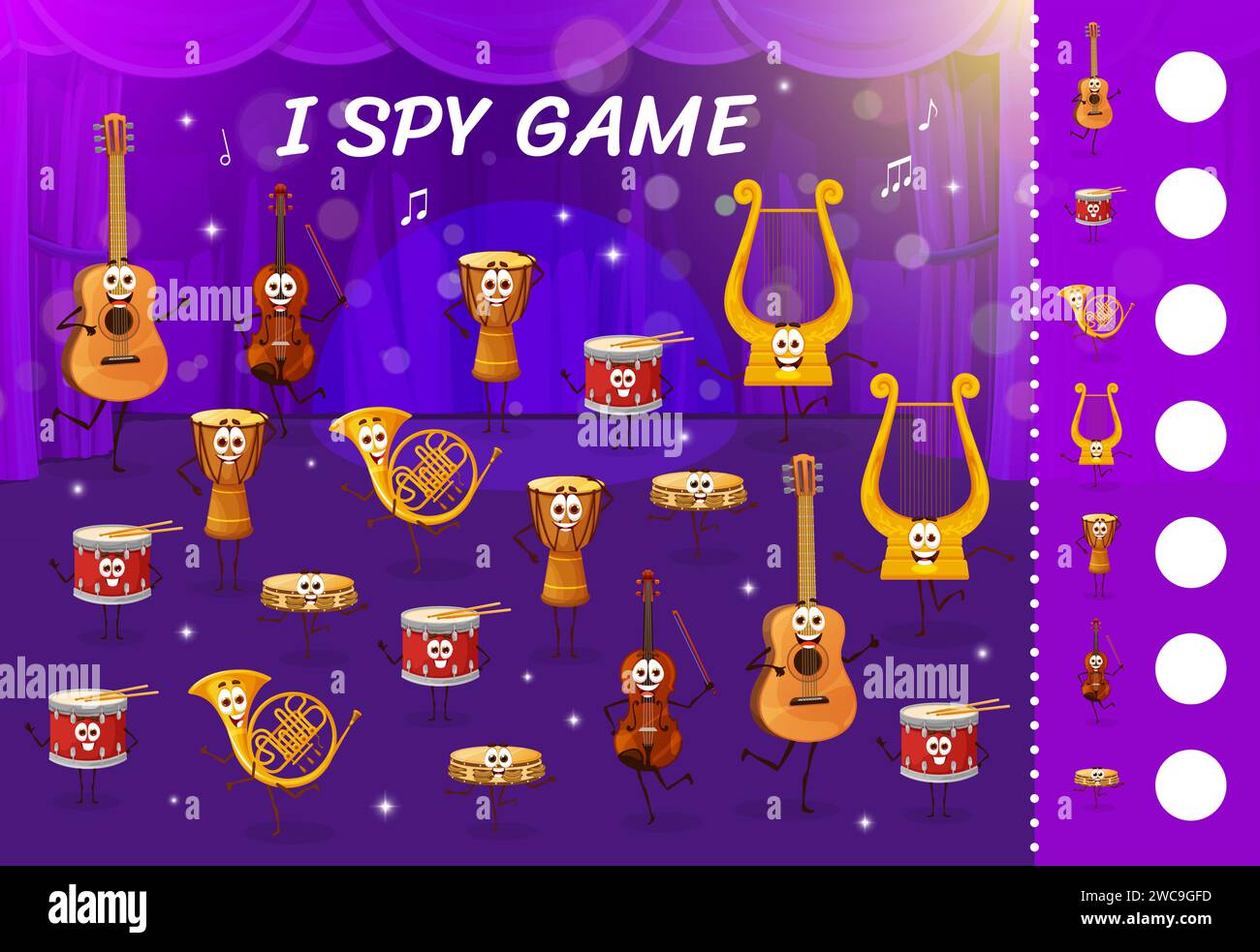 I spy game. musical instruments characters on the stage. Objects ...