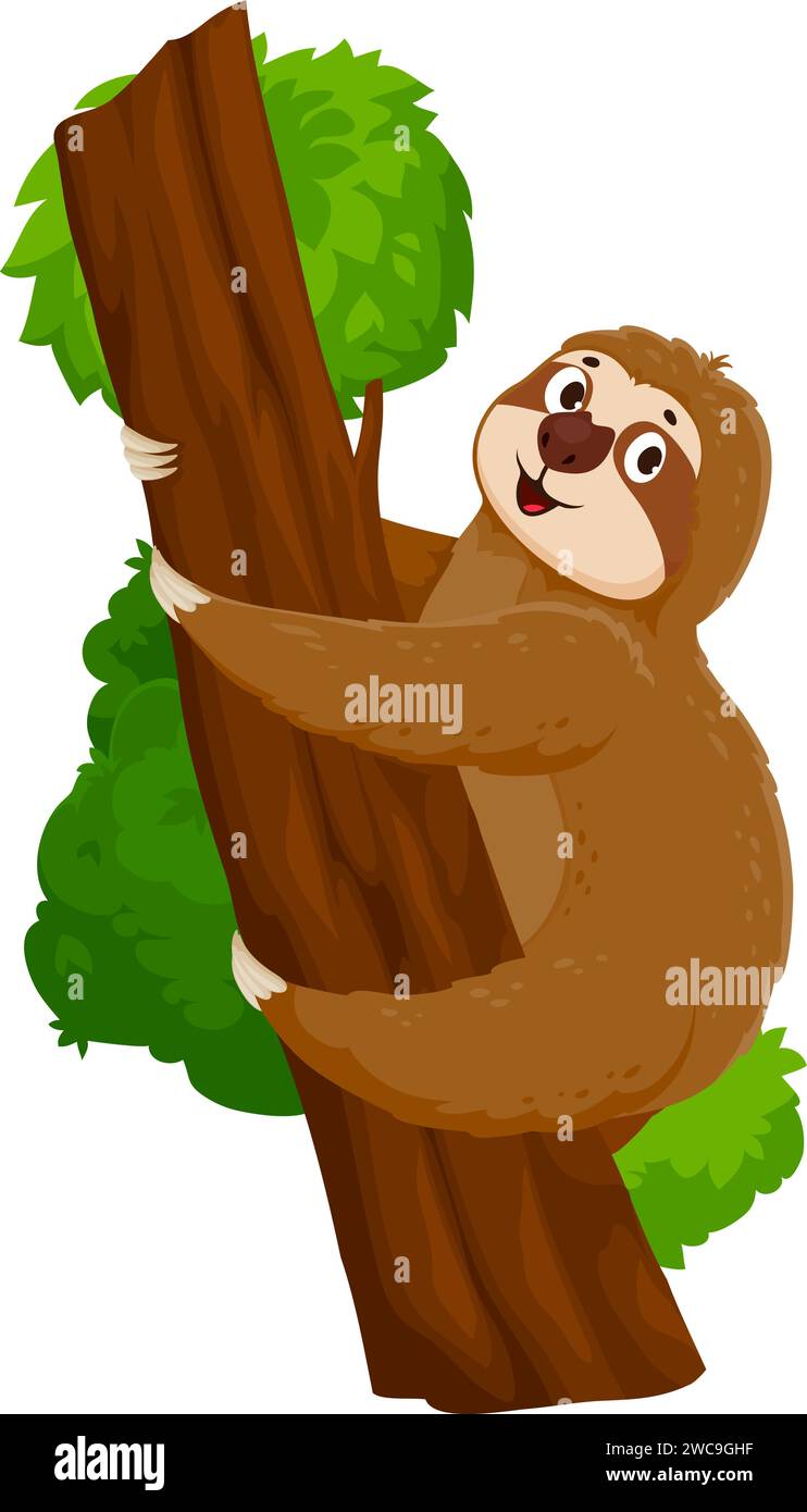 Cartoon funny sloth character climbing on tree. Zoo amazon jungle ...