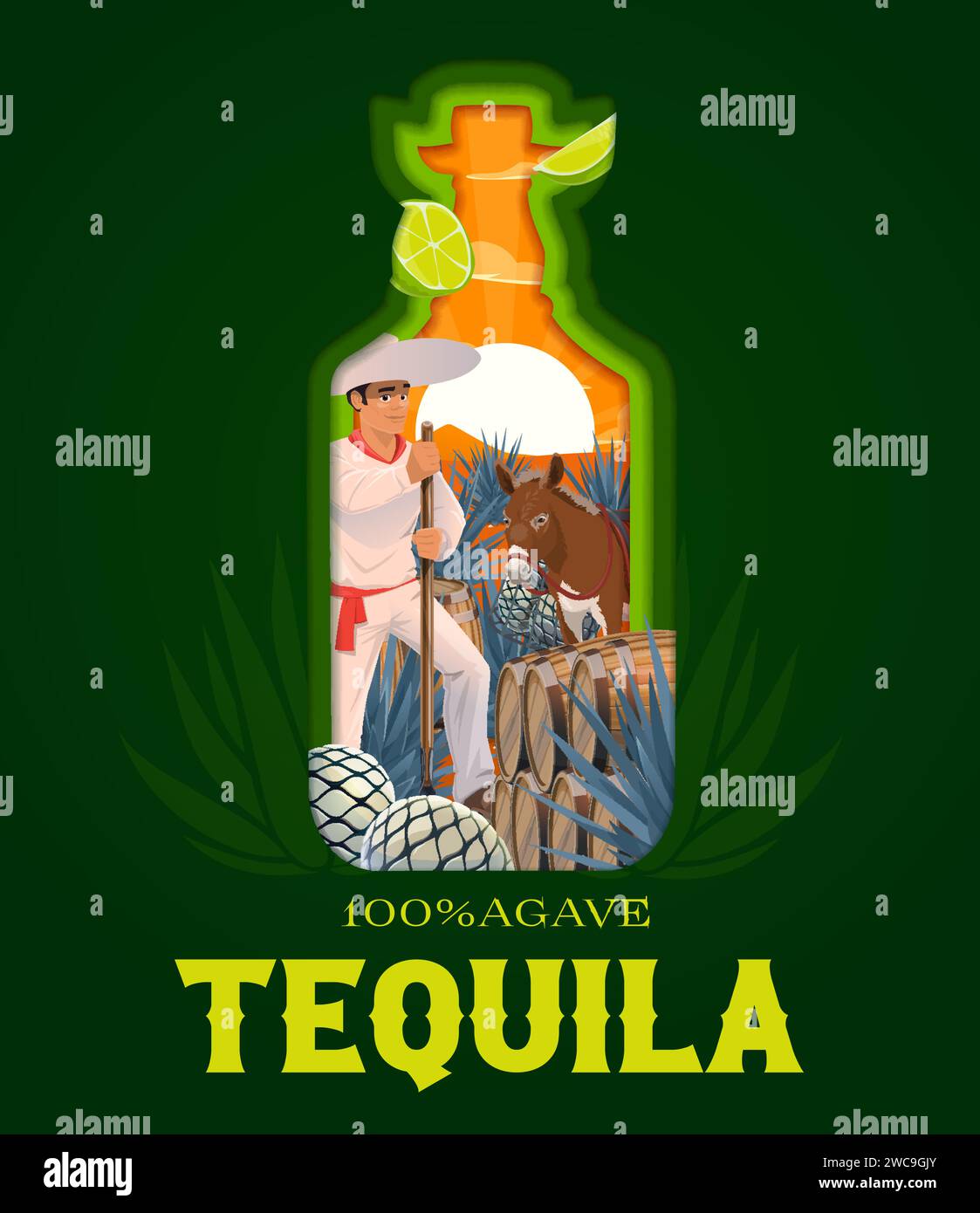 Mexican tequila paper cut banner in bottle shape for blue agave drink ...