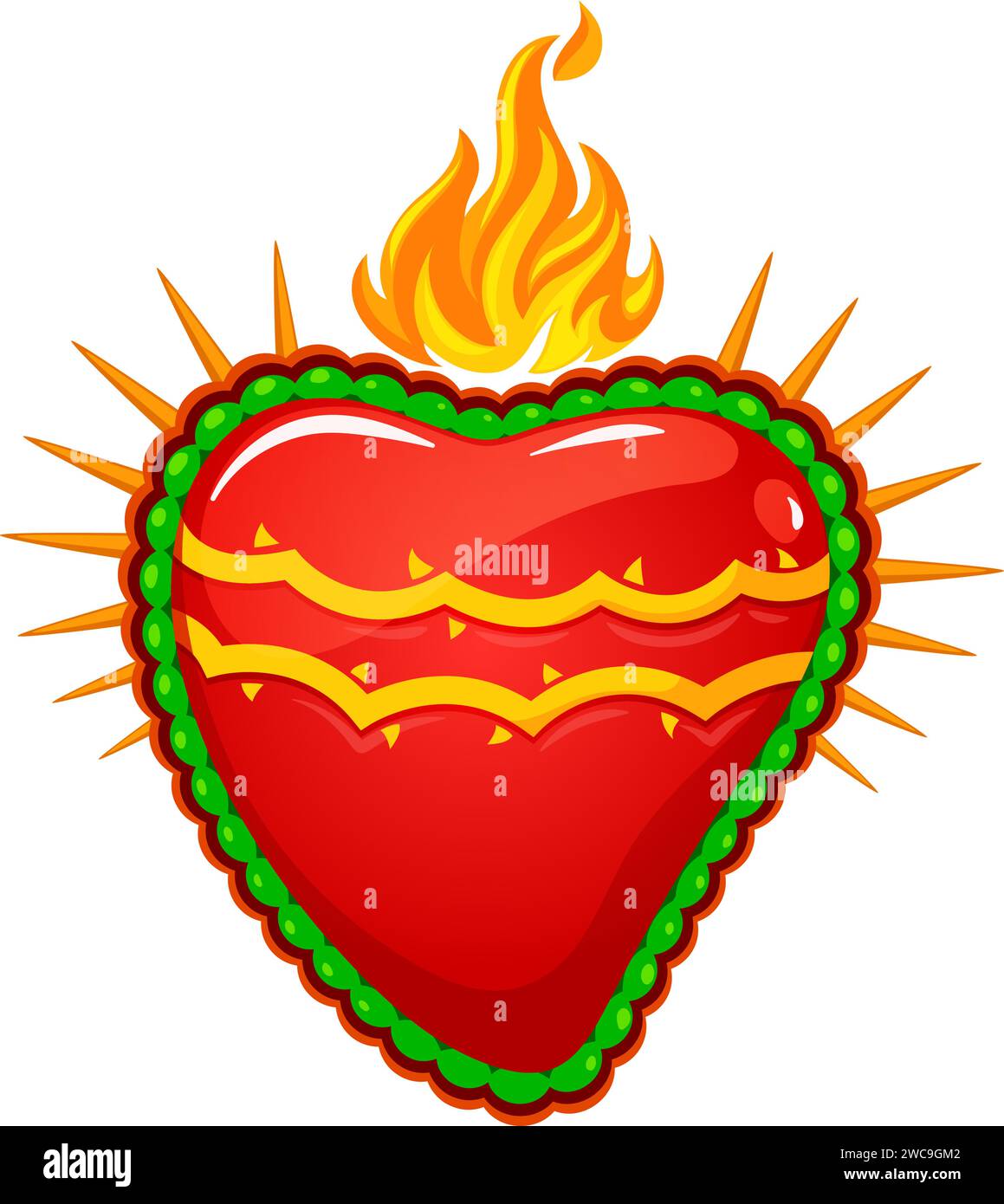 Mexican sacred heart with burning fire flames and rays, tattoo or ...