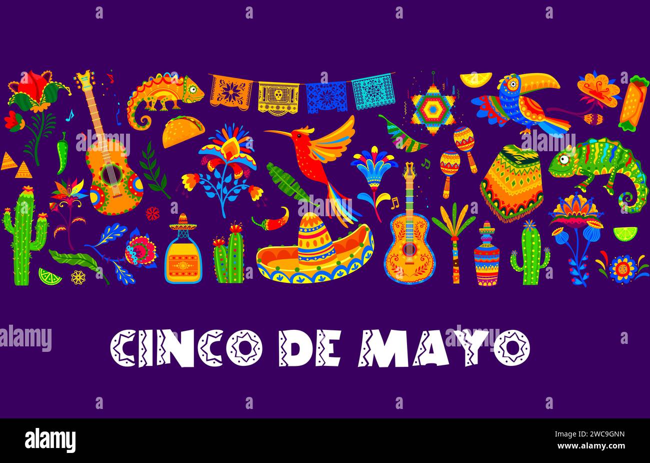 Cinco De Mayo Mexican Holiday Banner With Sombrero And Cactuses Pinata