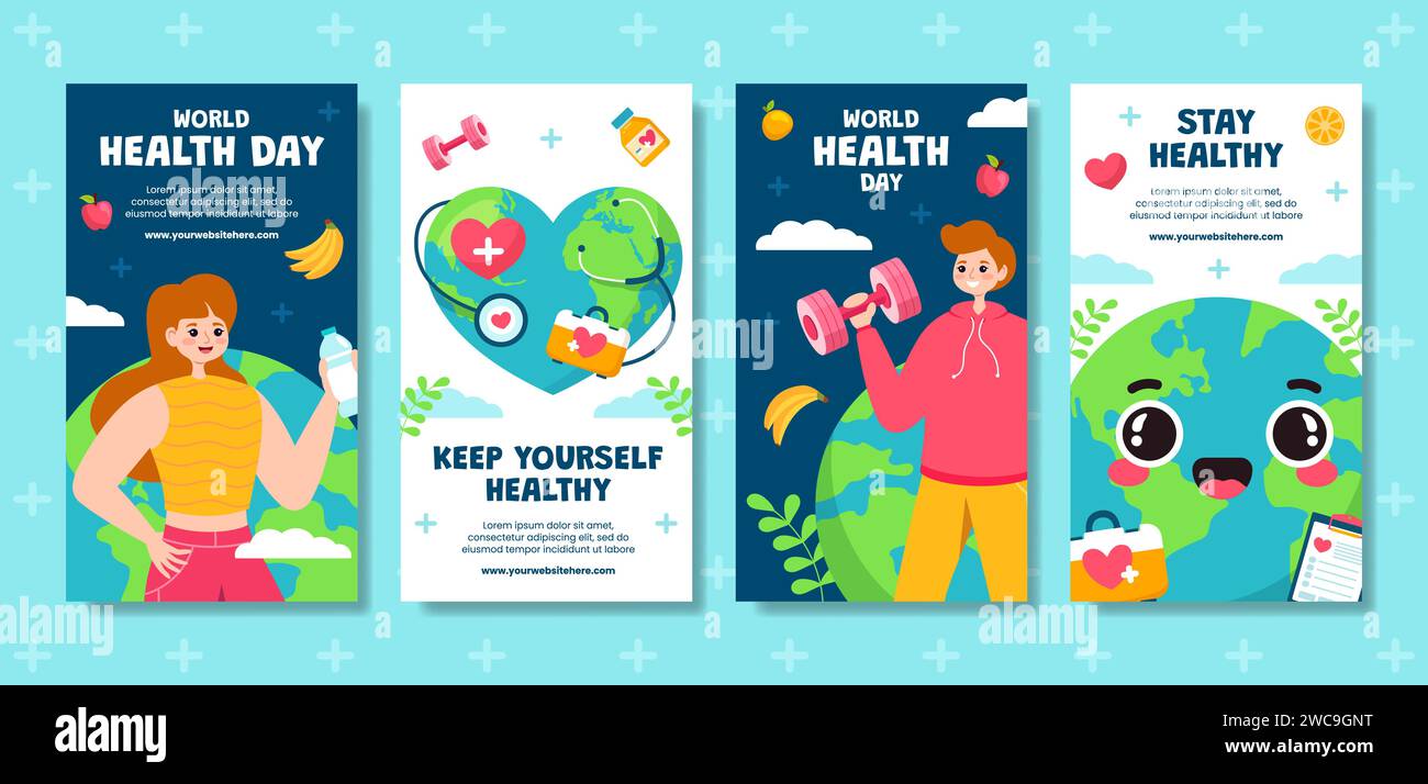 Health Day Social Media Stories Flat Cartoon Hand Drawn Templates ...