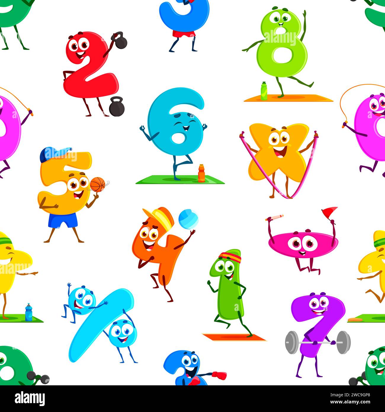 Cartoon number sportsman characters seamless pattern. Cute math ...