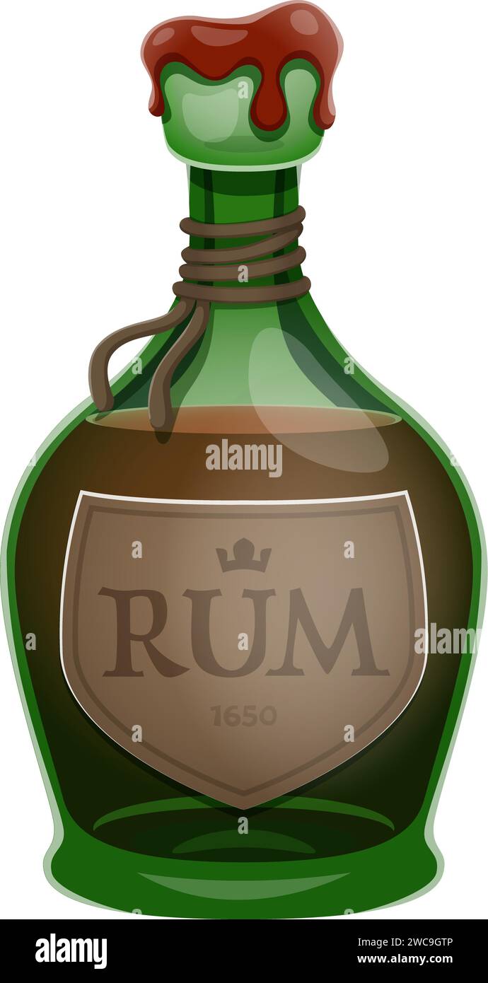Pirate rum bottle, isolated vector cartoon glass weathered flask with ...