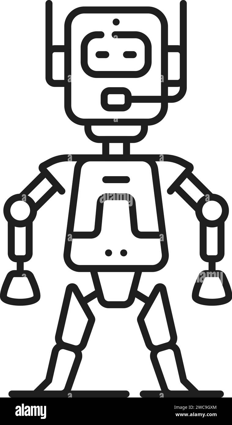Robot line icon, cartoon robotic cyborg character or android bot ...