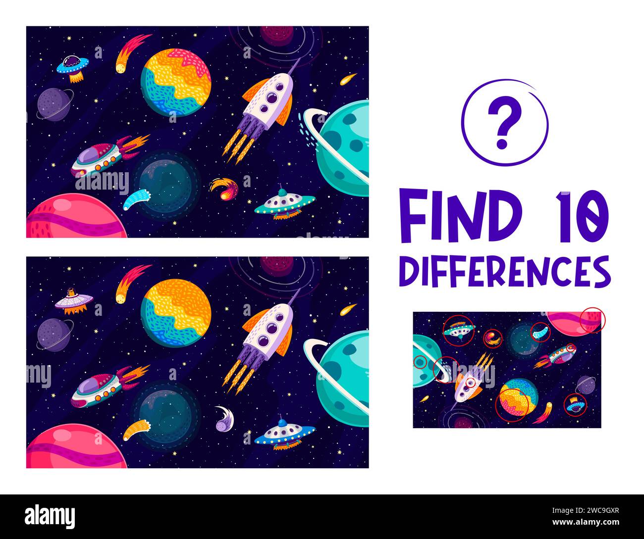 Find ten differences at starry galaxy space landscape. Difference spotting activity or quiz ...