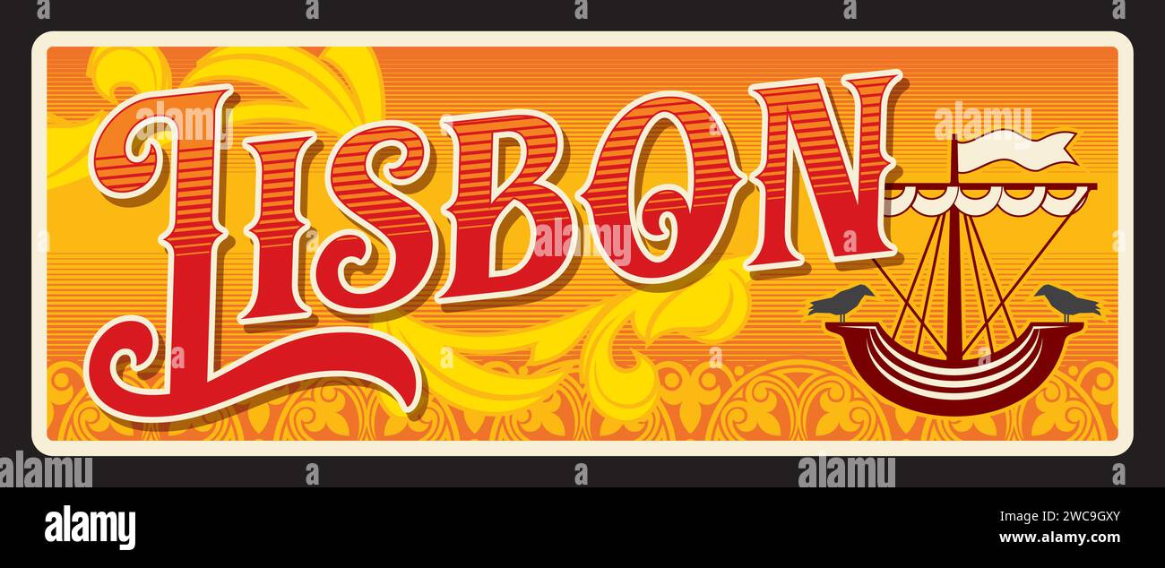 Lisbon travel sticker and plate with vector heraldic symbol of Portugal ...