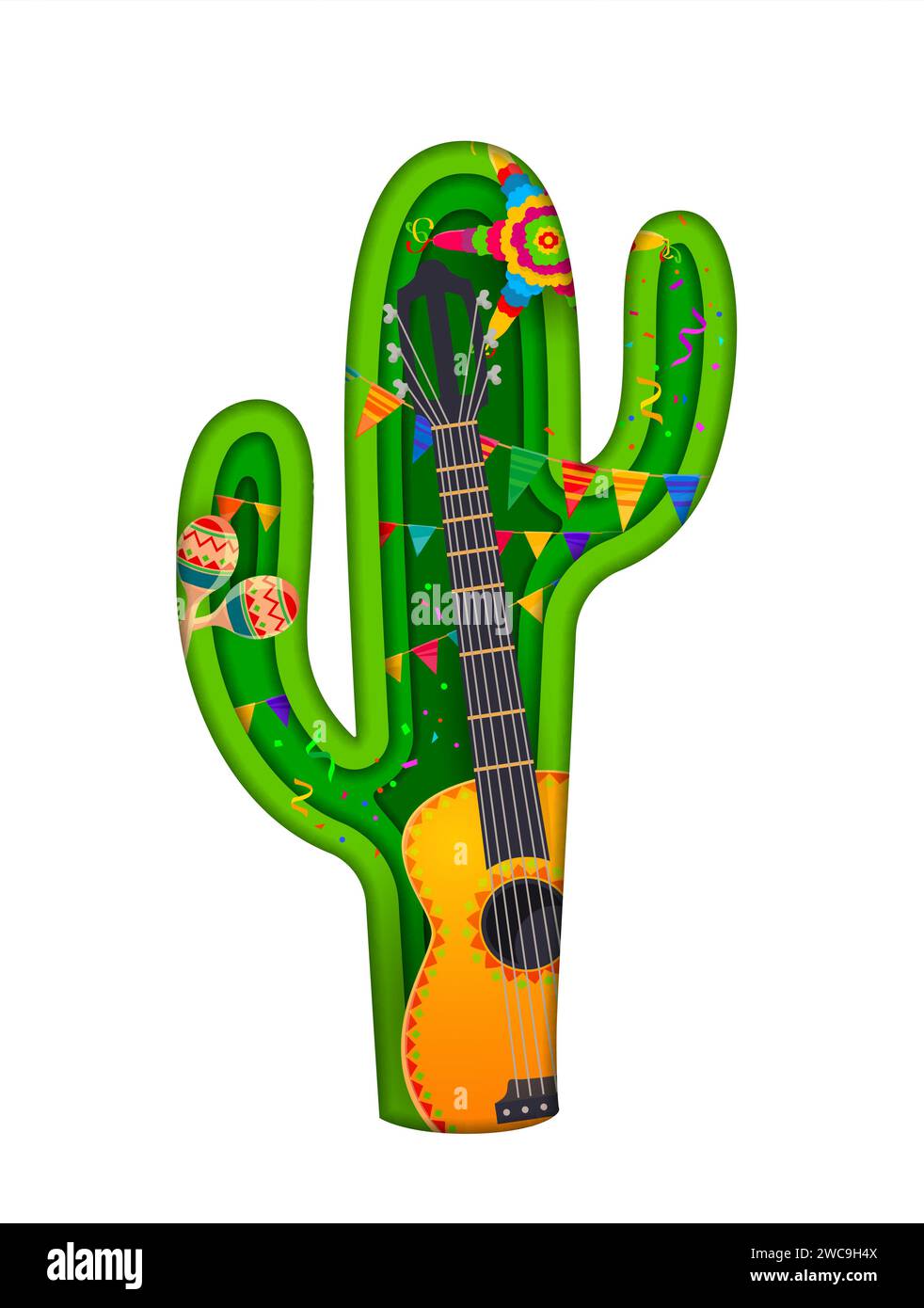 Paper cut cactus with guitar, Mexican pinata and maracas for holiday or ...