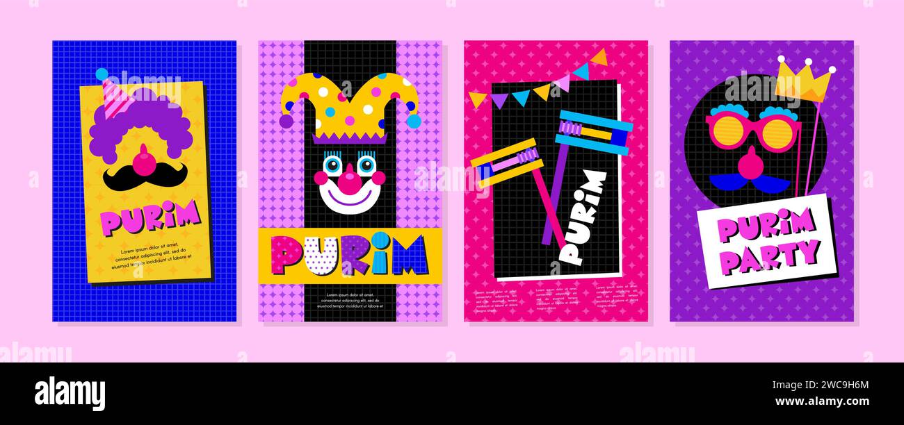 Happy Purim. Jewish holiday background and carnival funfair cards with ...