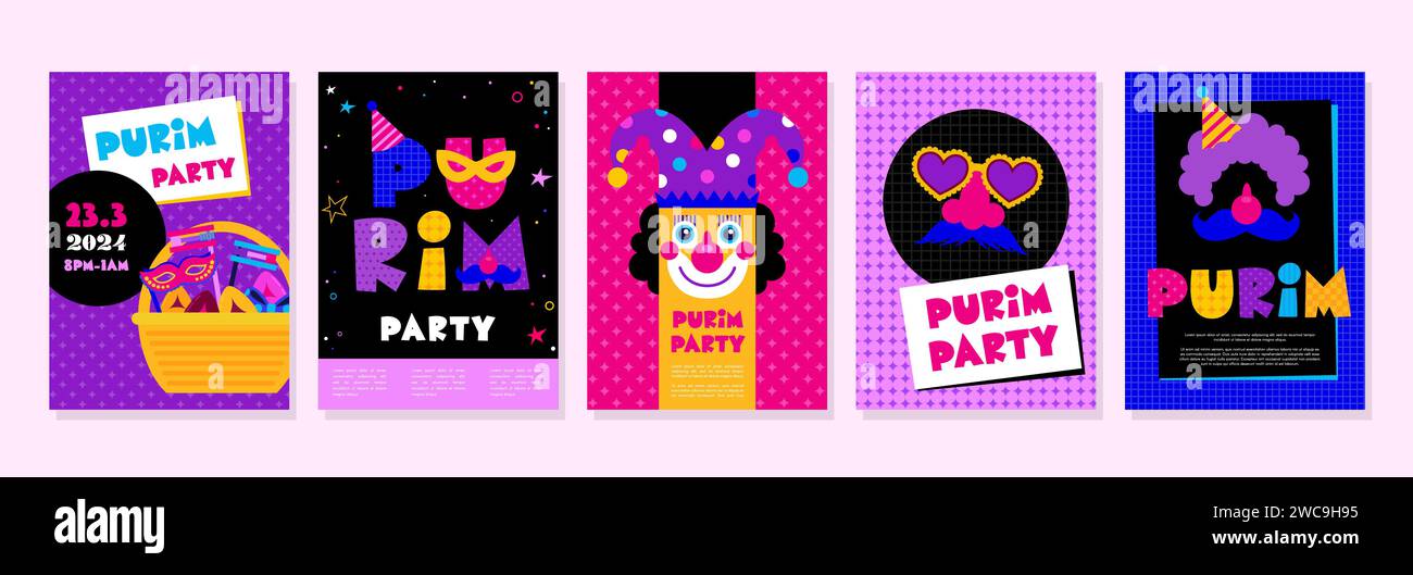 Happy Purim. Jewish holiday background and carnival funfair cards with ...