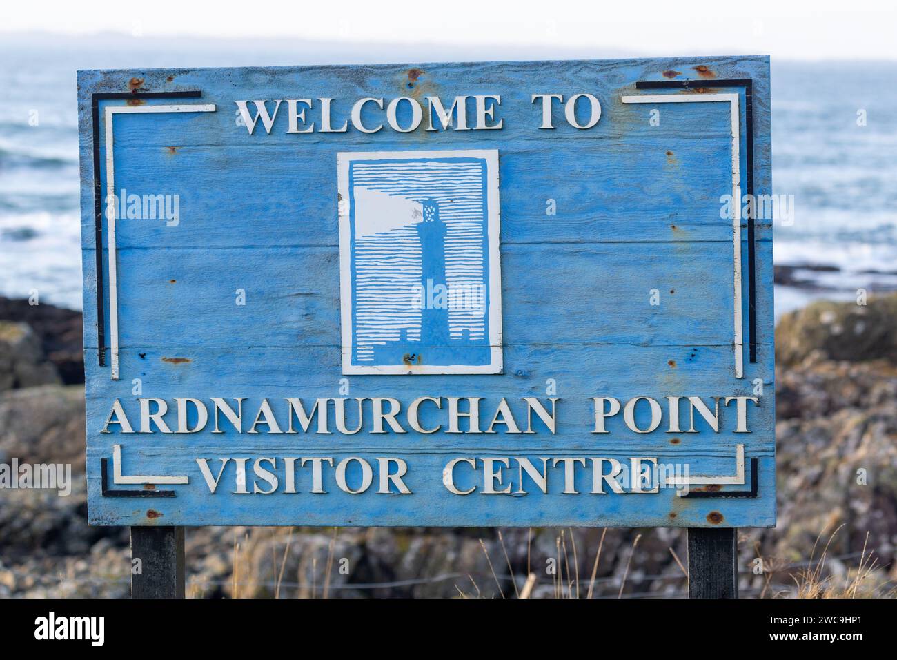 A welcome to Ardnamurchan Point visitor centre sign on the Ardnamurchan ...