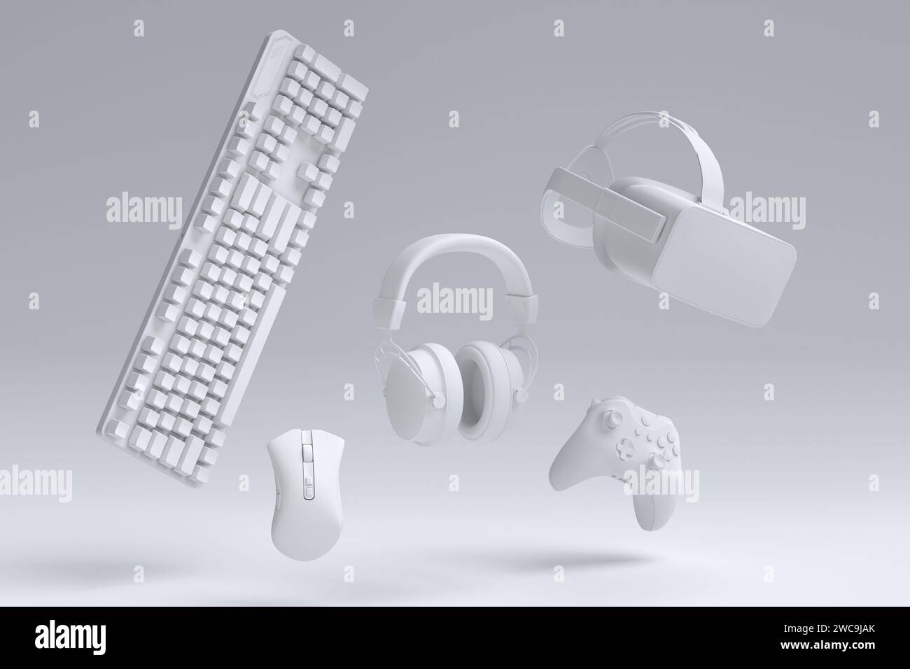 Top view gamer gears like joystick, keyboard, headphones and VR glasses ...