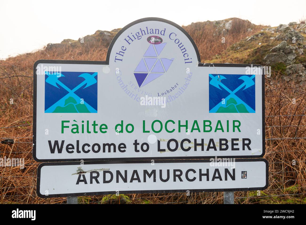 Highland Council sign saying welcome to Lochaber (Failte do Lochabair ...
