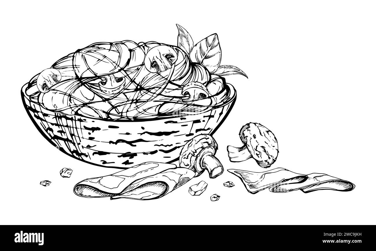 Hand drawn vector ink illustration. Pasta Italian cuisine dish ...