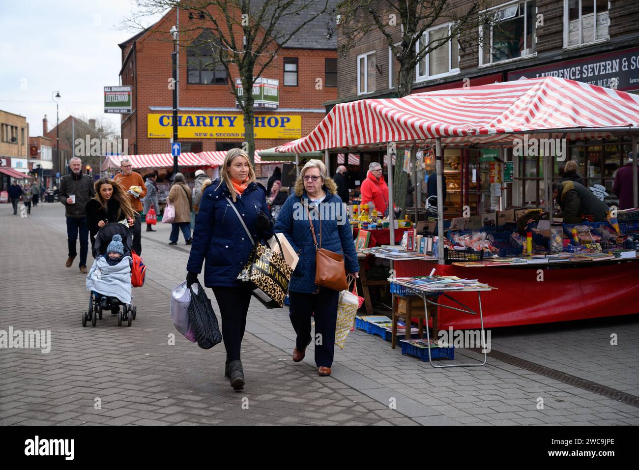 21st January 2022: Market day in Hucknall, Nottinghamshire. The town is ...