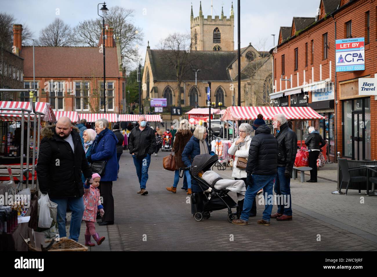 21st January 2022: Market day in Hucknall, Nottinghamshire. The town is ...