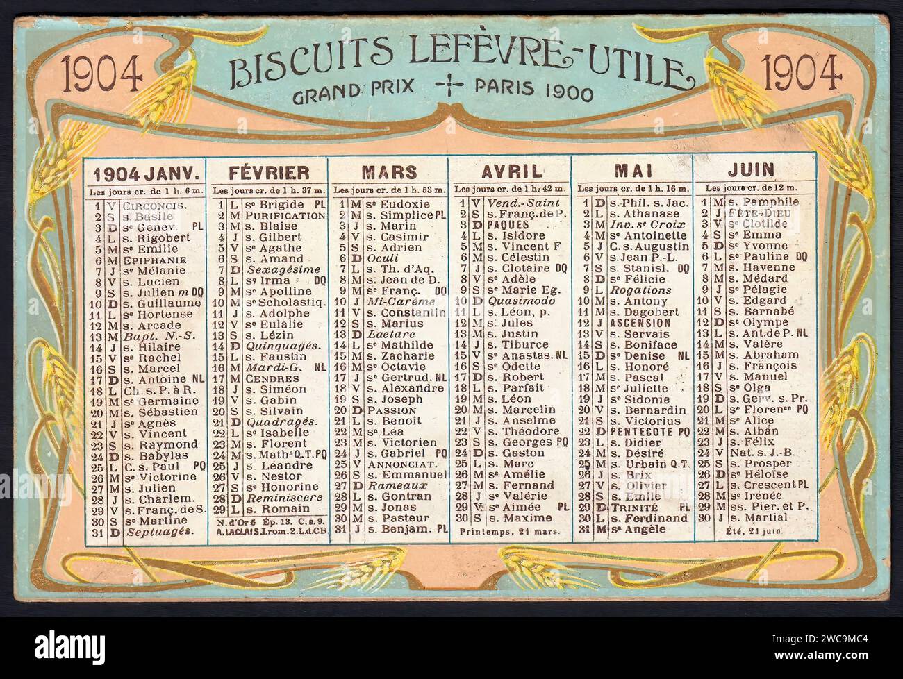 Calendar 1904 - Vintage French Tradecard, Belle Epoque Era Stock Photo ...