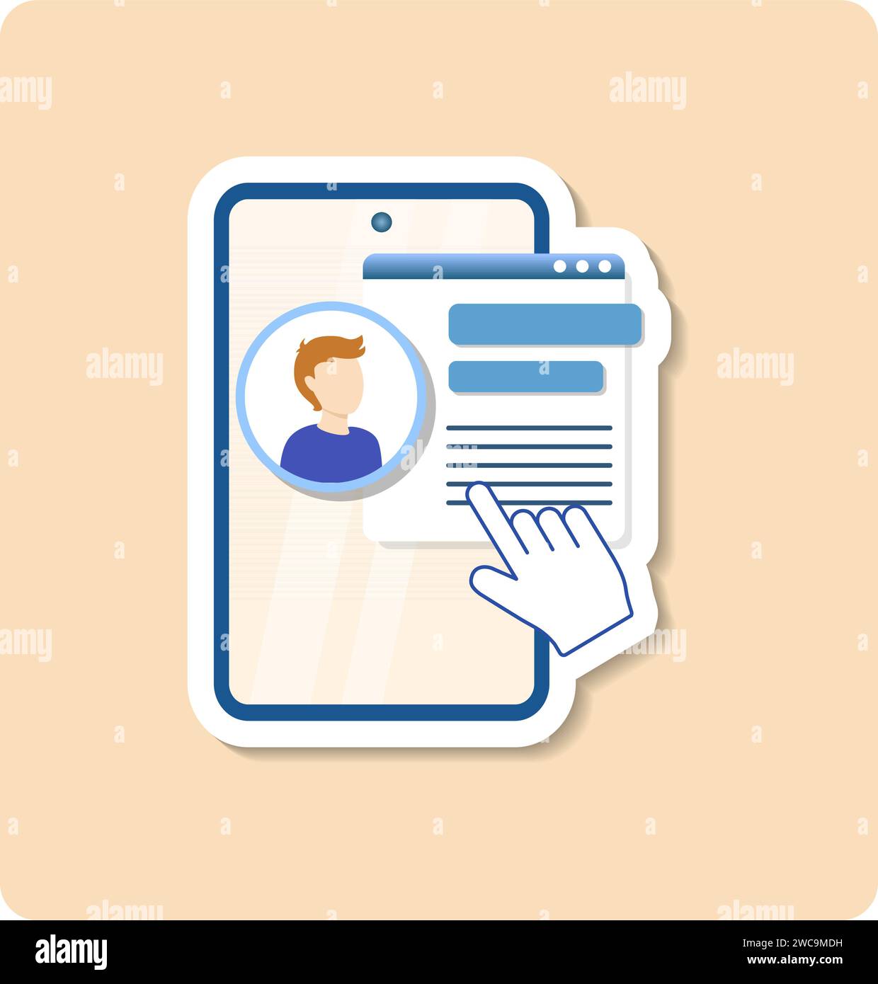 Office management sticker illustration. Man, gear, hand, screen ...