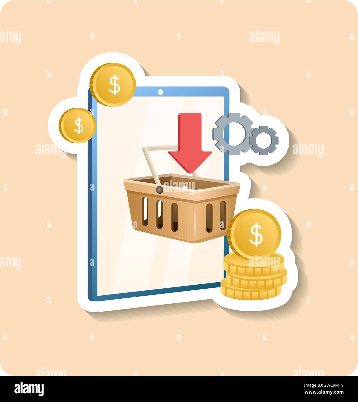 Purchasing management sticker illustration. Cart, gear, coin, plant ...