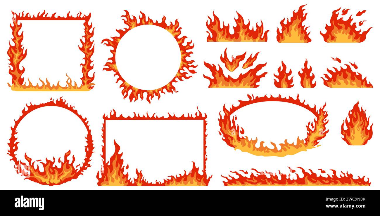 Flames frames. Different shapes of curved fires. Round, oval and square ...