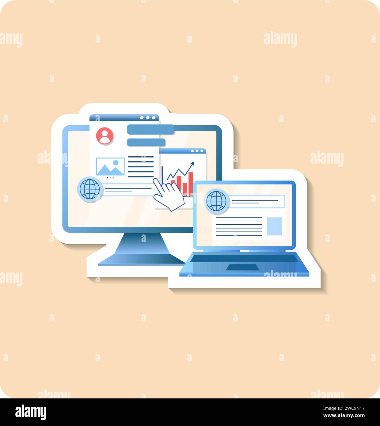 IT management sticker illustration. Monitor, gear, hand, chart, arrow ...