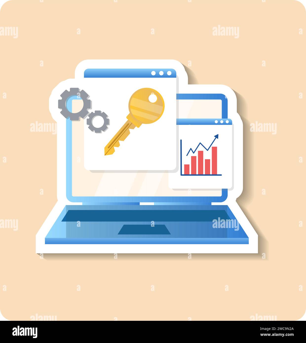 Key management sticker illustration. Laptop, gear, screen, chart, arrow ...