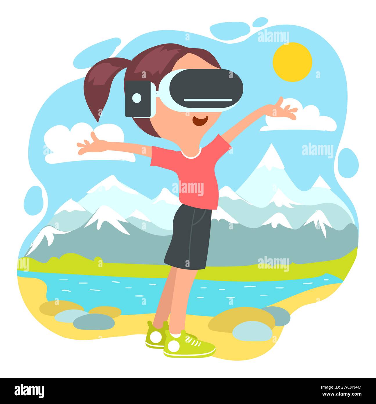 Kids virtual reality. Happy girl with VR glasses. Innovation augmented ...