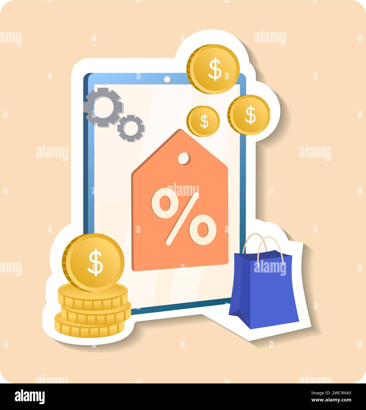 Sales management sticker illustration. Label, gear, coin, bag, plant ...