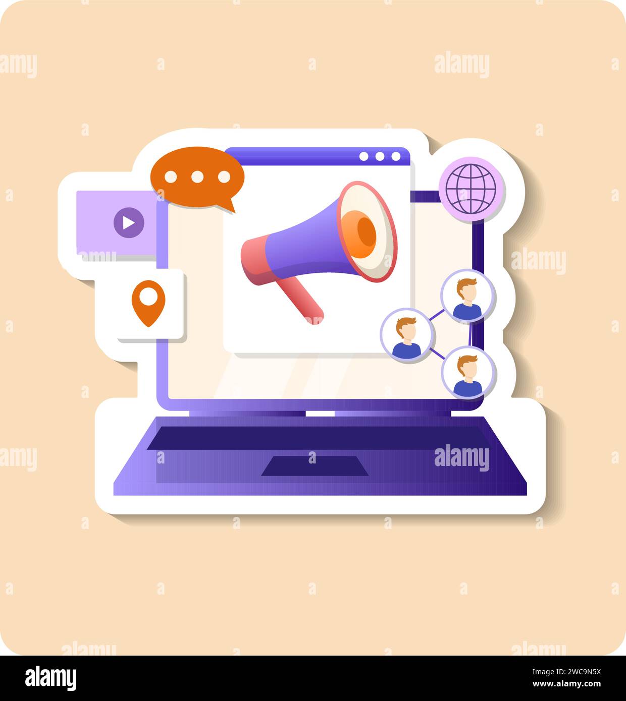 Social promotion sticker illustration. Loudspeaker, laptop, people ...