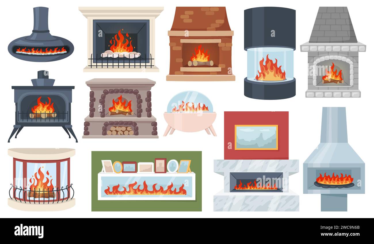 Cartoon fireplaces and hearths. Home interior heating. Cozy room ...