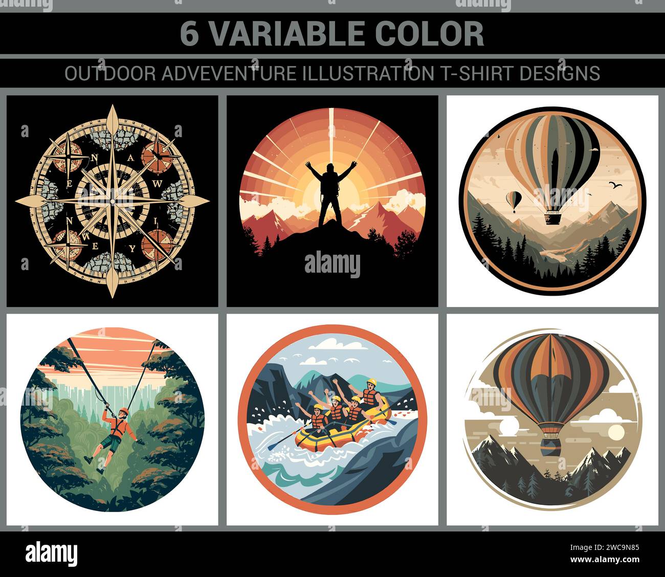 6 Variable color outdoor Adventure illustration T shirt design Stock ...