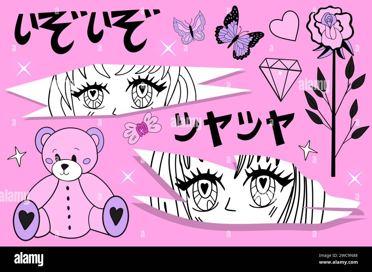 Set of y2k pink girly clipart. anime girls, ram head, heart manga retro ...