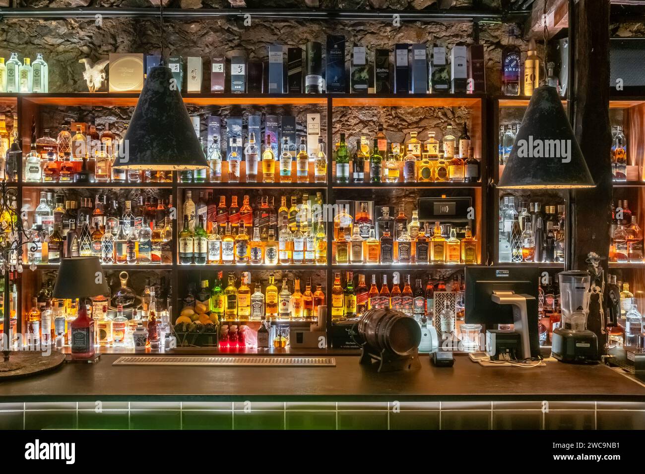 Variety of alcohols in a night bar Stock Photo - Alamy