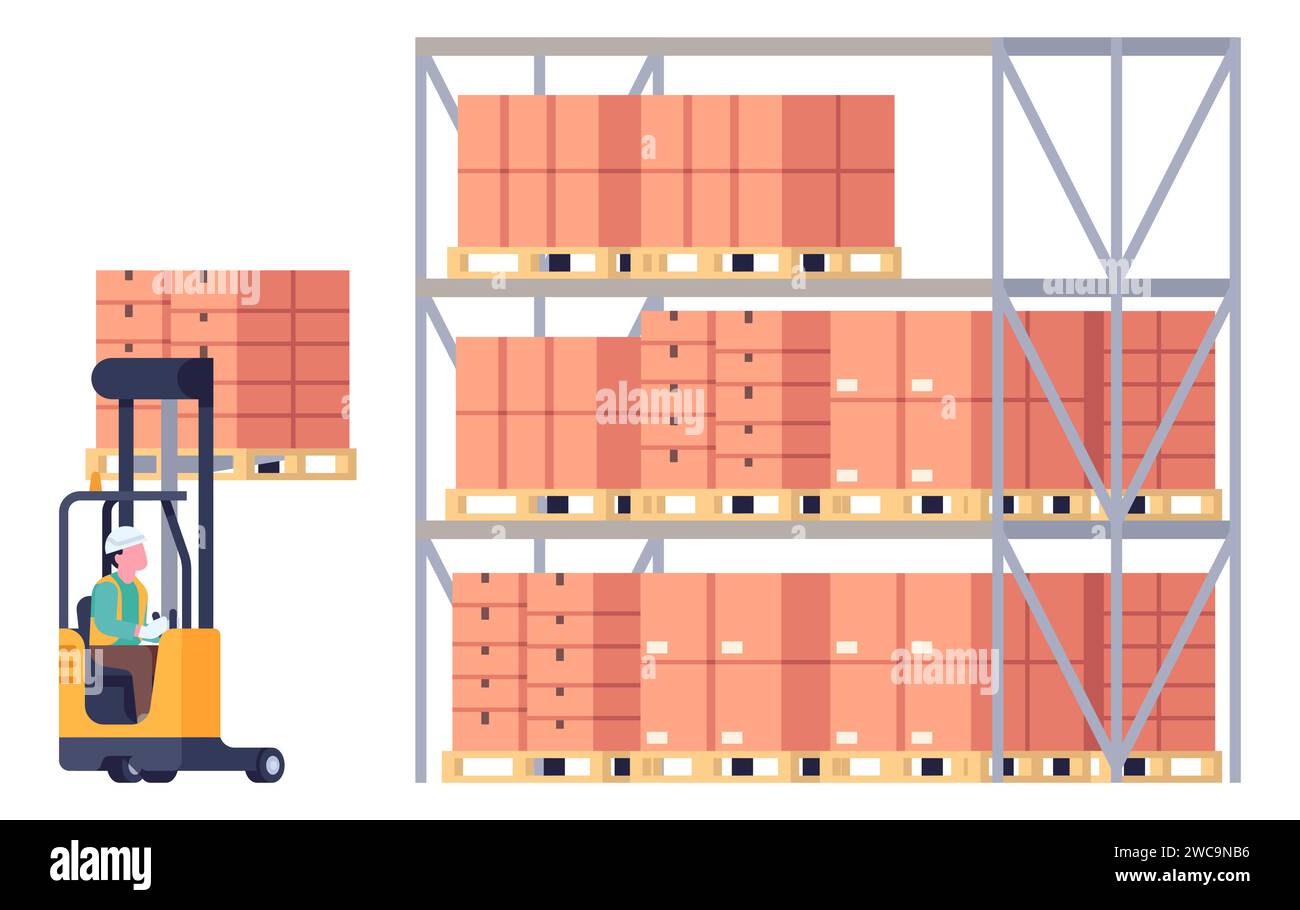 Cargo logistics. Forklift loading containers in warehouse. Freight ...