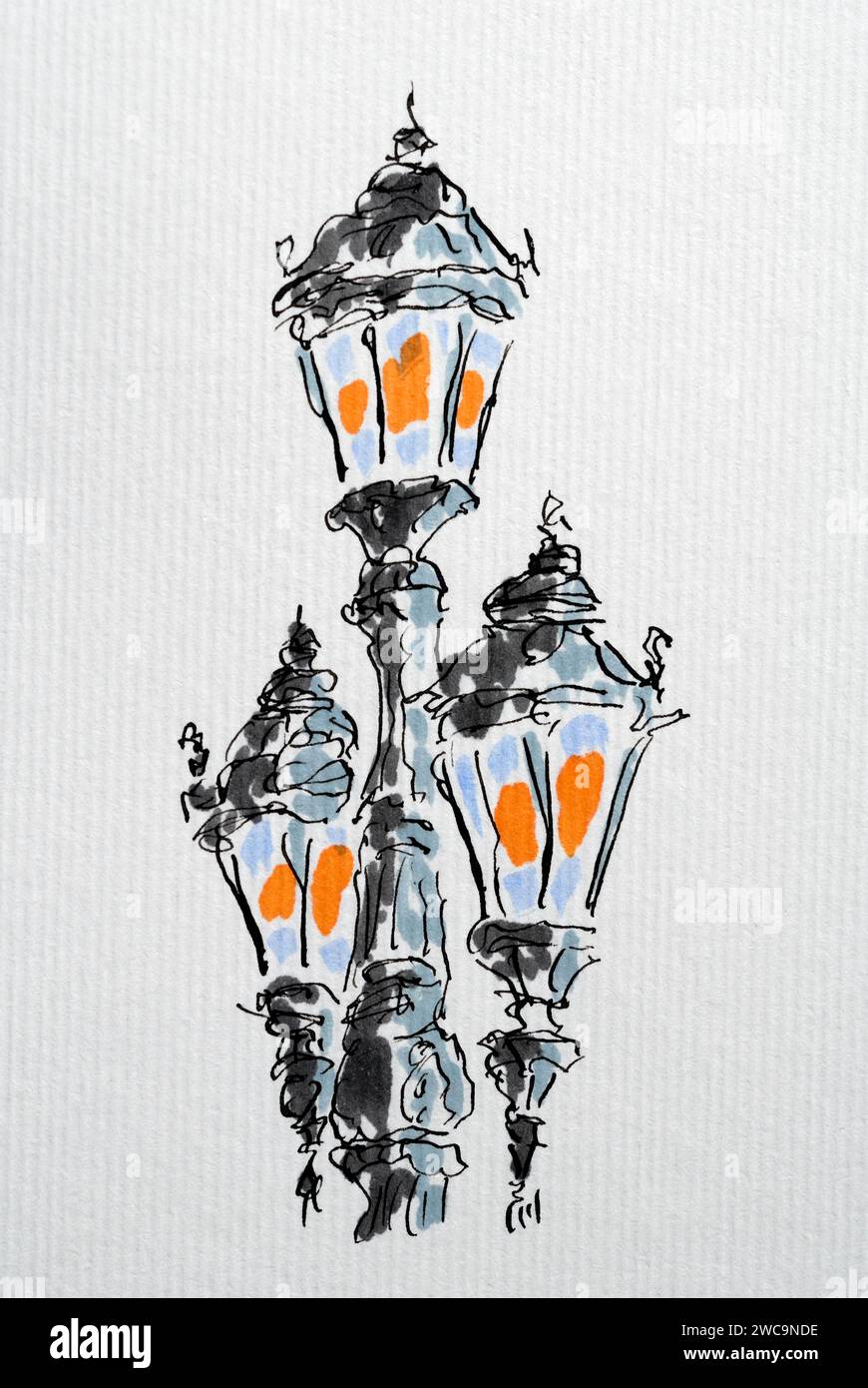 Street lights sketch created with black ink and markers. Color ...