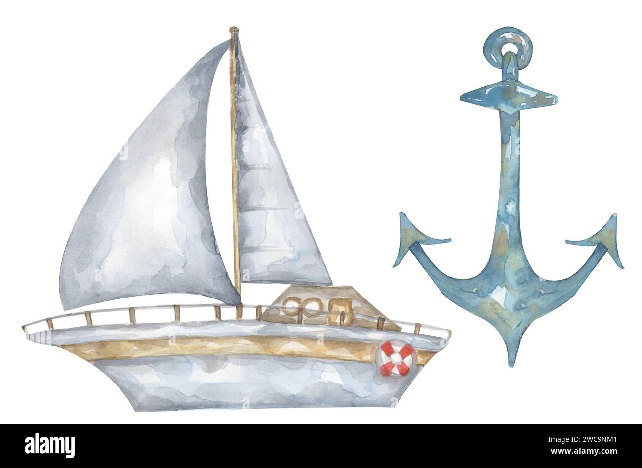 Watercolor set with sailboat and anchor. Hand-drawn marine transport ...