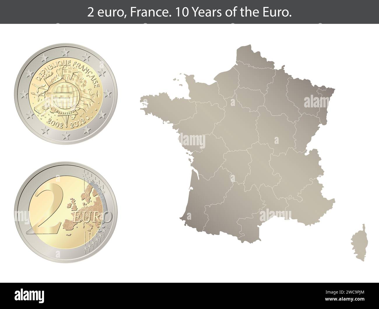 France. 2 Euro coin. 10 Years of the Euro, 2012. Reverse and obverse of ...