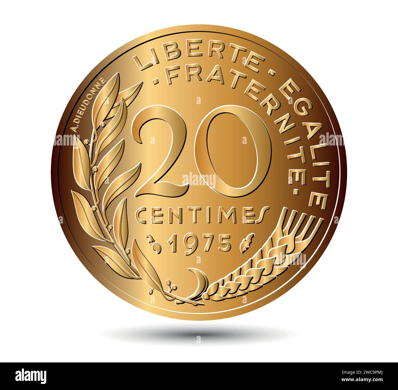 20 Centimes coin made by France in 1975. France twenty centime reverse ...