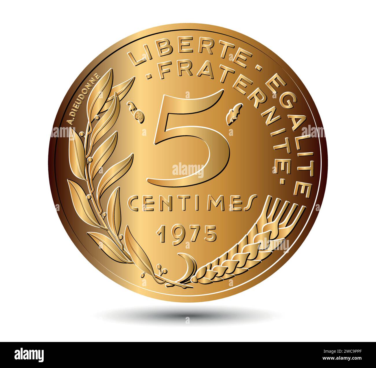5 Centimes coin made by France in 1975. France five centime reverse ...