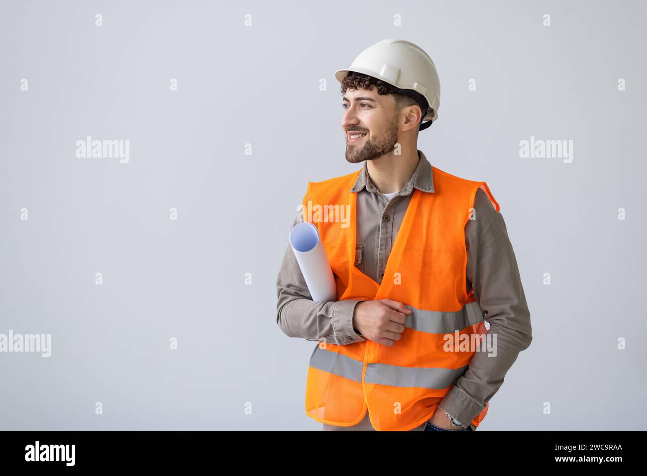 Architecture, blueprint and planning with portrait of man in studio for ...