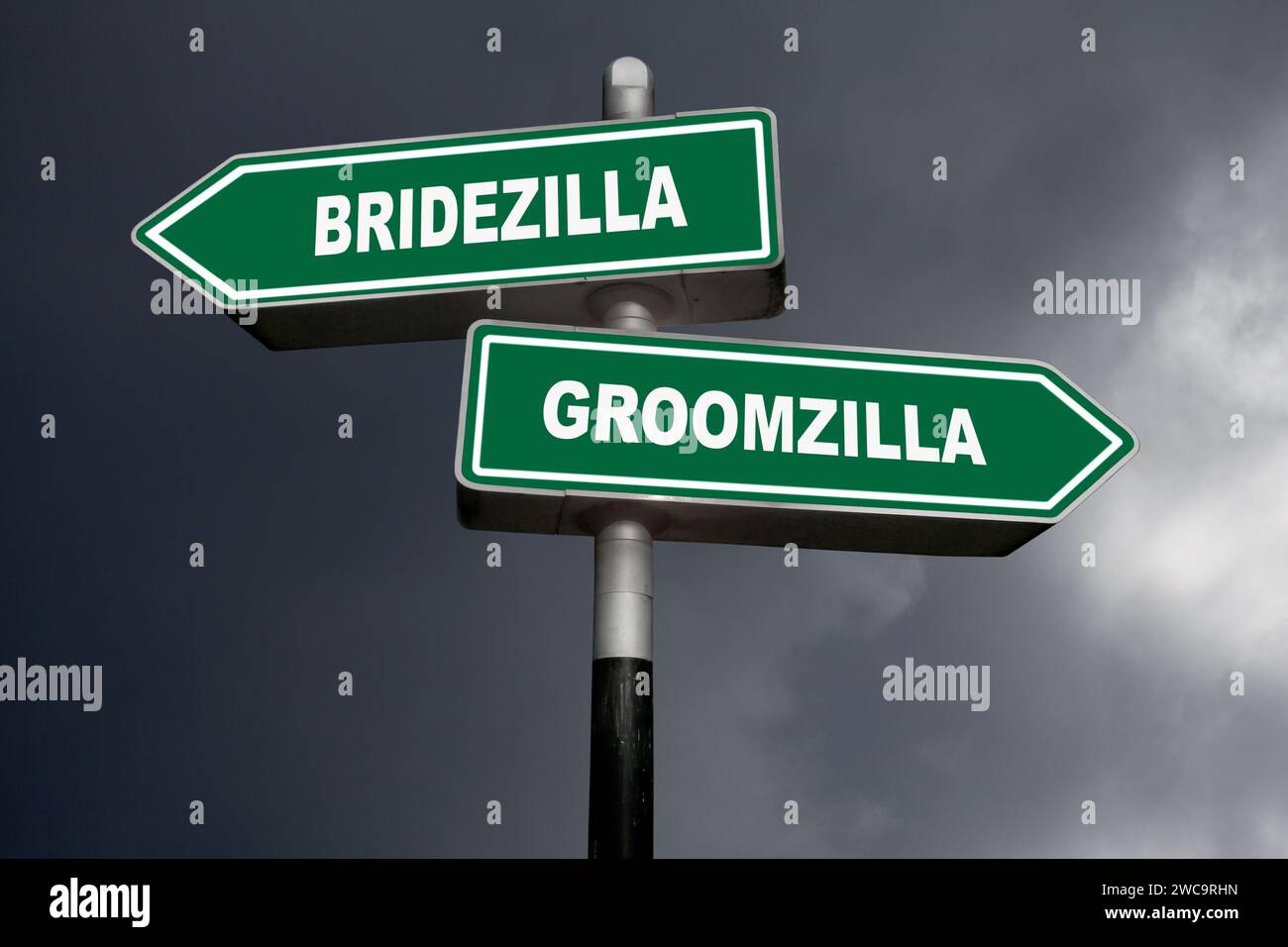 Two direction signs, one pointing left (Bridezilla), and the other one ...